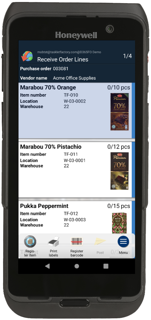 Register Received Items | Mobile WMS FO/AX Features